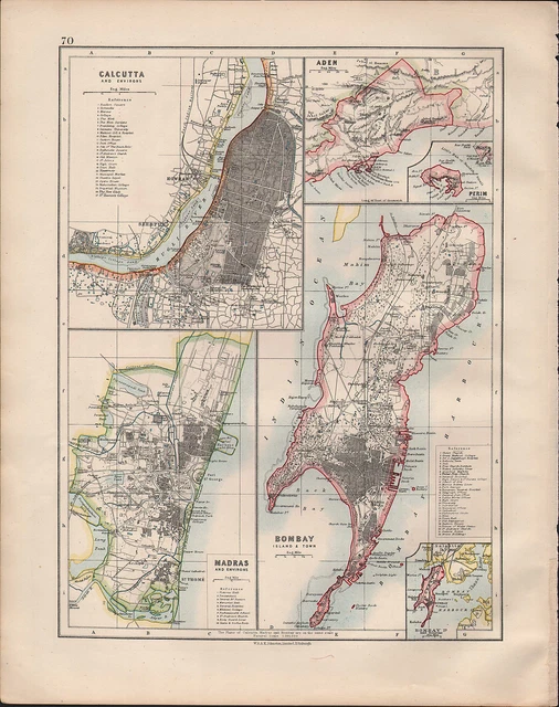 1914 CARTE ~ Calcutta Ville Plan Madras Bombay Île & Ville Aden Perim ...