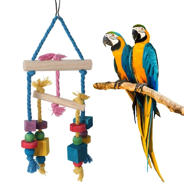 COLORFUL WOOD BLOCK Biting String Cotton Rope Balance Hanging Chewing ...