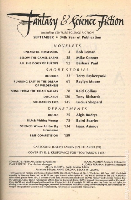 MAGAZINE OF FANTASY and Science Fiction Vol. 65 #3 GD/VG 3.0 1983 Stock ...