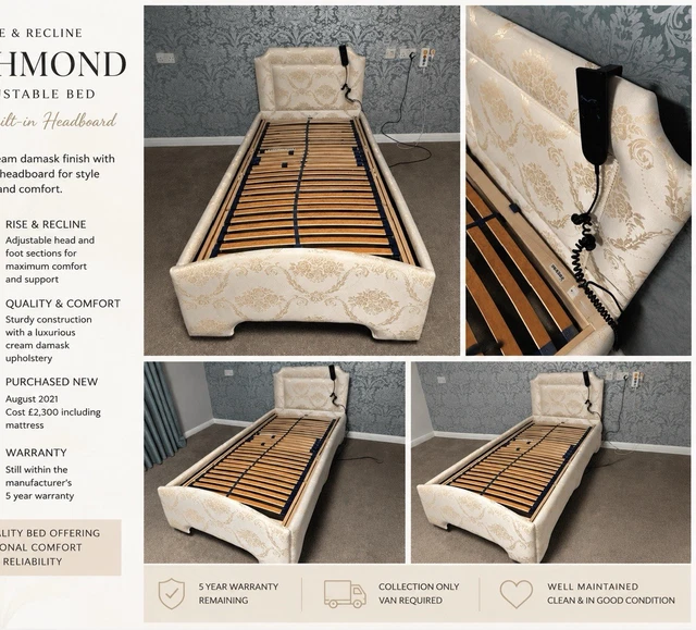 RISE & RECLINE Richmond Adjustable Single Bed – Cream Damask £130.70 ...