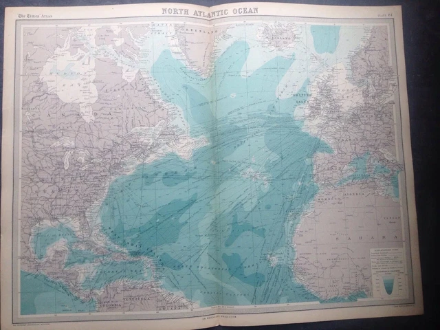 1922 MAP OF North Atlantic Ocean From,Times Atlas,Bartholomew,Edinburgh ...