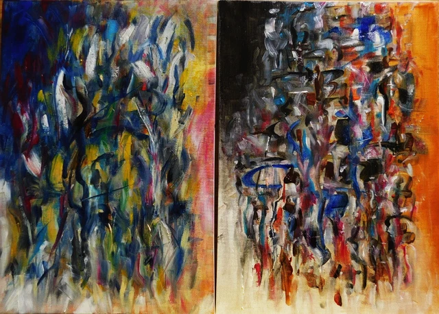 TWO ORIGINAL ABSTRACT Oil Paintings signed by Nalan Laluk: "Diptych" £ ...