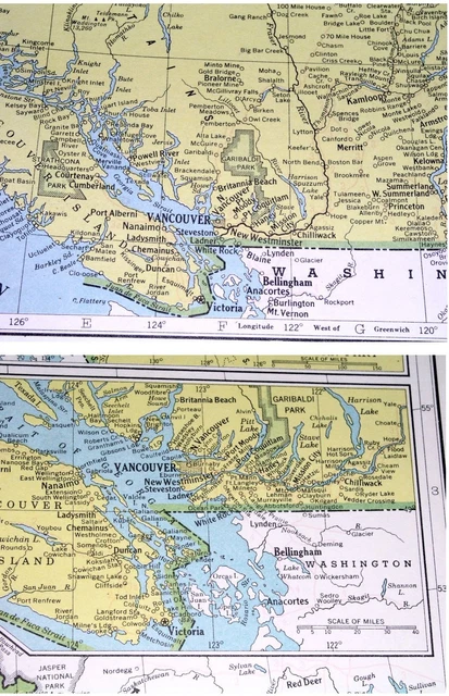 1950 ORIGINAL VINTAGE Map British Columbia Vancouver Verso Saskatchewan ...