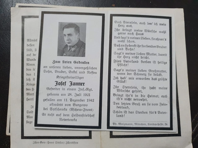 ORIGINAL GERMAN WW2 death Card JOSEF JANNER fell 11 Dec 1942 BURGOWA ...