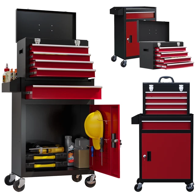 HOMCOM TOOL CABINET on Wheels with 5 Drawers Top Tool Chest Roller ...