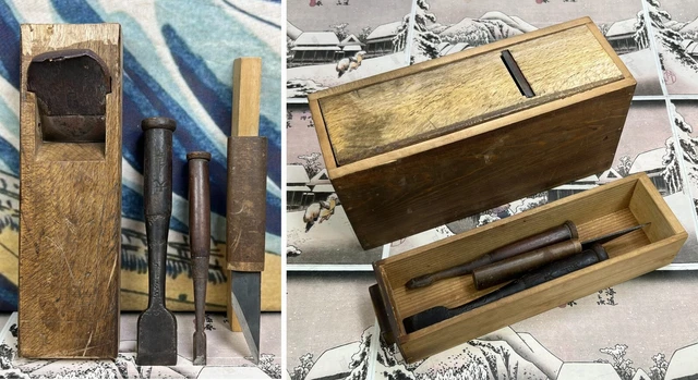 JAPANESE VINTAGE CARPENTER Tool Kanna Hand Plane Chisel knife 4set /Saw ...