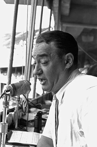 NEW YORK YANKEES radio announcer Mel Allen in booth during game vs ...