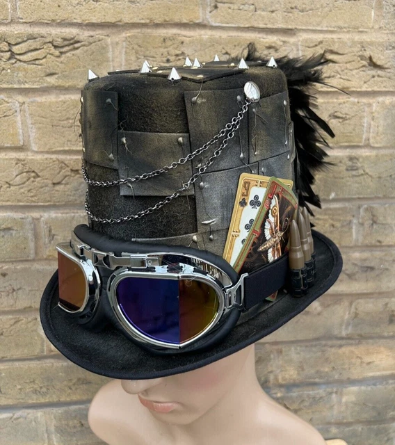 UNIQUE MENS BLACK Steampunk Top Hat Feather Studs Goggles Bullet Chain ...