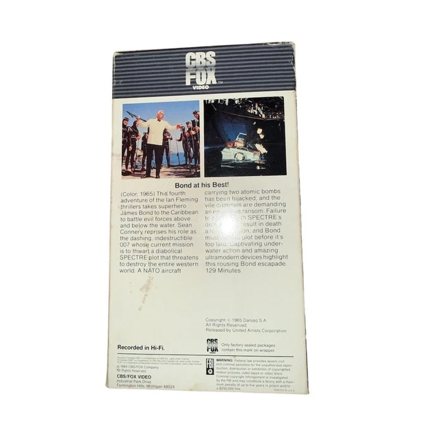 THUNDERBALL VHS TAPE CBS/FOX Video James Bond 007 Sean Connery 1984 ...