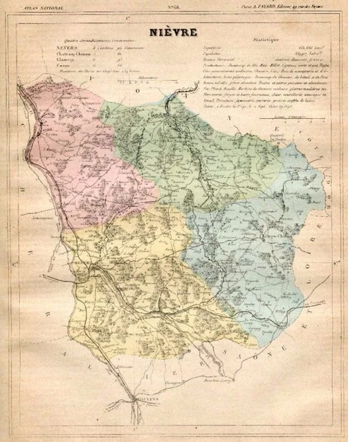 GENUINE ORIGINAL ANTIQUE 1877 France Hand Colored Map NIEVRE French ...