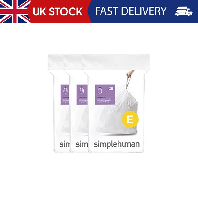 SIMPLEHUMAN CW0255 CODE E Custom Fit Bin Liner Bulk Pack, White Plastic ...
