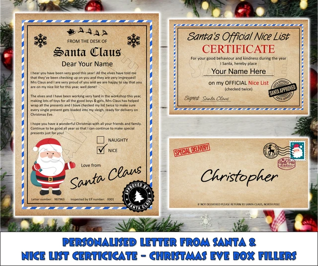 PERSONALISED LETTER FROM Santa And Nice List Certificate Christmas Eve ...