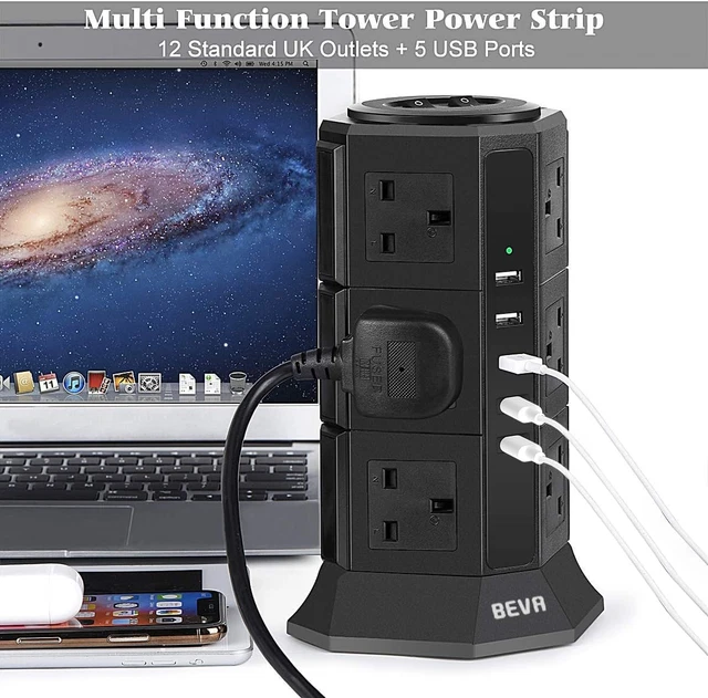 TOWER EXTENSION LEAD, BEVA Multi Plug Socket 12 Way Outlet Surge ...
