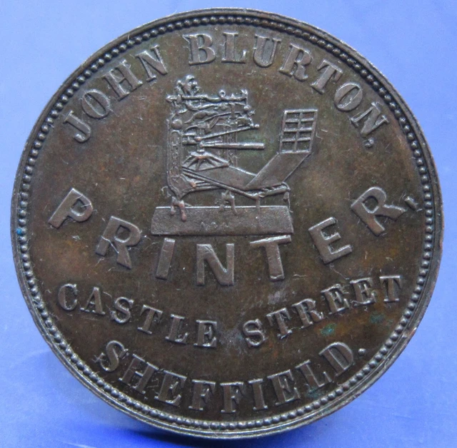 JOHN BLURTON PRINTER 1/2D CASTLE ST SHEfFIELD TOKEN / SNIFF'S ANCIENT ...