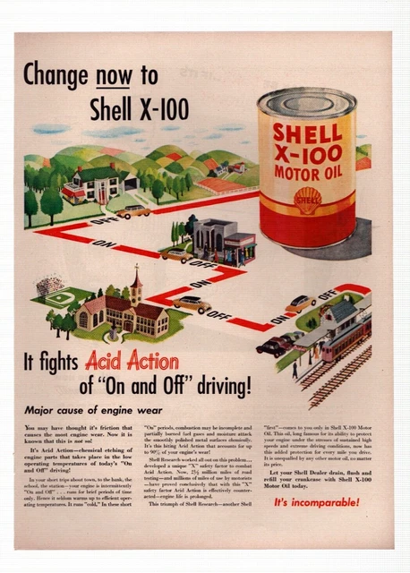 VINTAGE PRINT AD 1949 Shell X-100 Motor Oil Train Trolley Station Acid ...