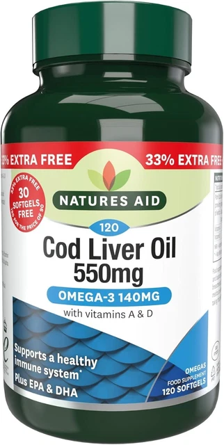NATURES AID COD Liver Oil 550 mg 120 Softgel Capsules (Providing 120 mg ...