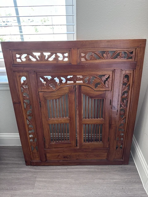 VINTAGE ASIAN BALINESE Carved Teak Wood Wall Mirror Window Shutter ...