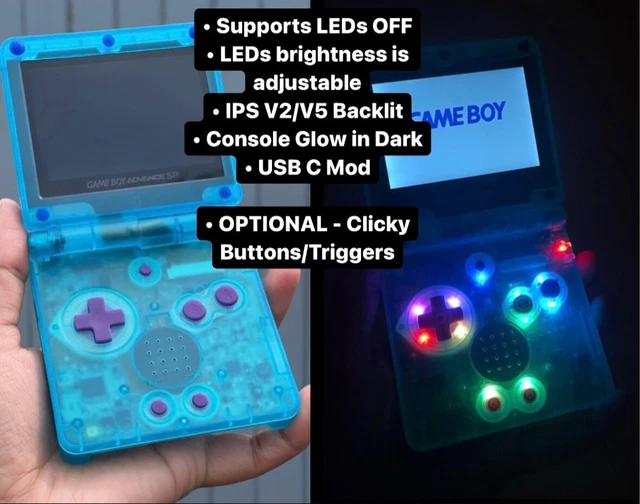 CUSTOM GAMEBOY ADVANCE SP Clear Blue Gaming Console IPS Screen,LED ...