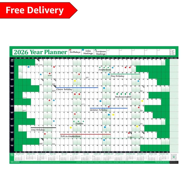 2026 GREEN WALL Planner - Yearly Calendar with UK Holidays, Writable ...