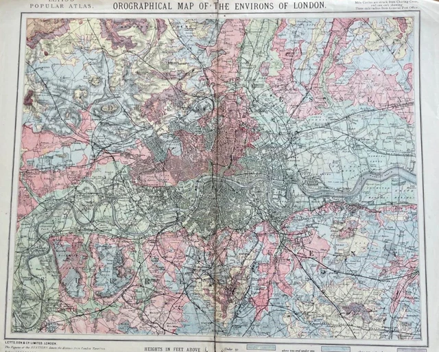 ANTIQUE MAP LONDON Orographical Map Of The Environs Of 1883 Published ...