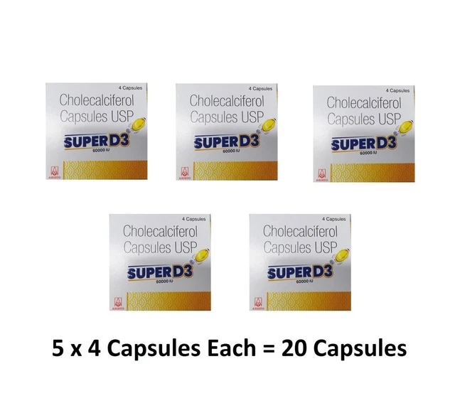 SUPER D3 (VITAMIN D3-Cholecalciferol) 60000 IU (Pack of 5 x 4 Capsules) £17.98 - PicClick UK