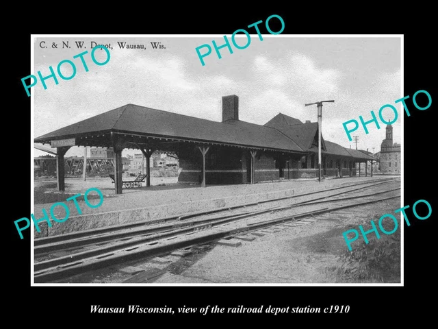 OLD LARGE HISTORIC PHOTO OF WAUSAU WISCONSIN THE RAILROAD DEPOT STATION ...
