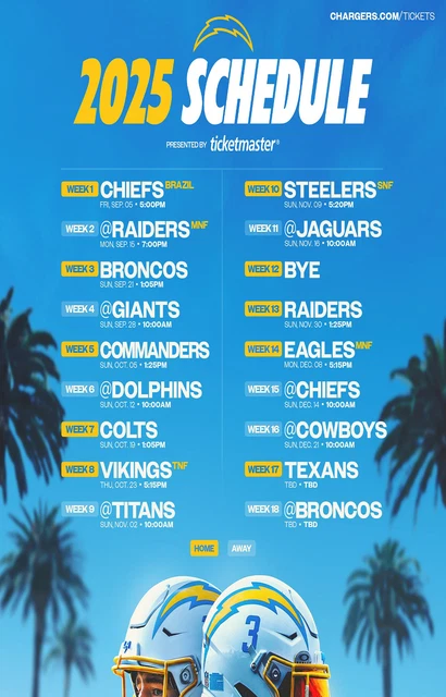 LOS ANGELES CHARGERS 2025 Schedule Poster 11 x 17 inches Chargers ...