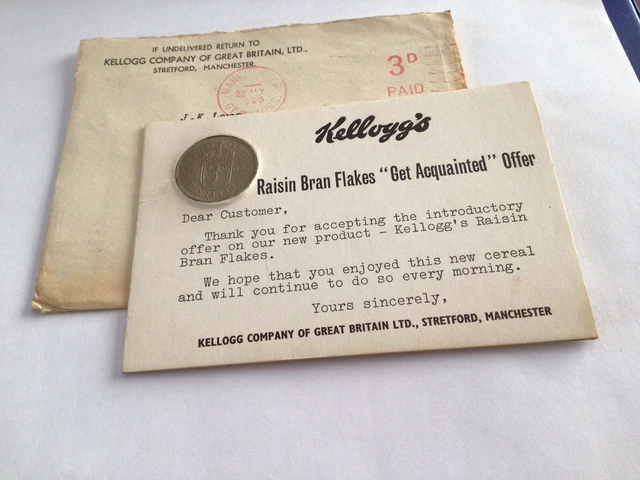 VINTAGE KELLOGG’S CEREAL Raisin Bran Flakes Free One Shilling Coin Gift ...