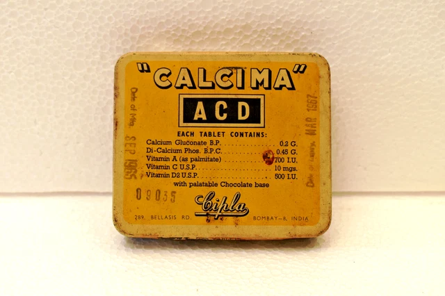 ANCIENNE BOÎTE EN étain publicitaire Cipla Calcima ACD Bombay India ...