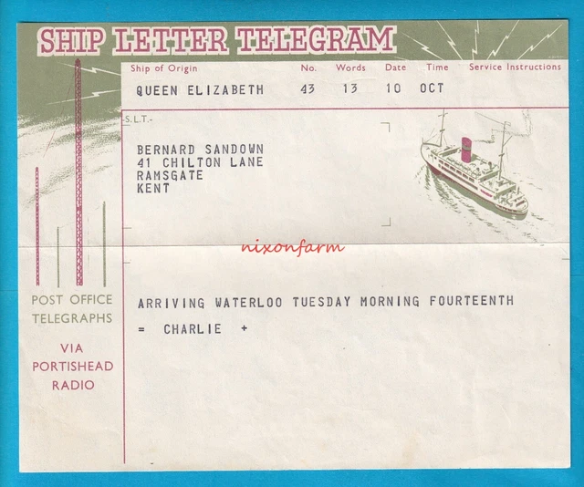 1958 ORIGINAL CUNARD Line R.M.S. QUEEN ELIZABETH Ship Letter TELEGRAM ...