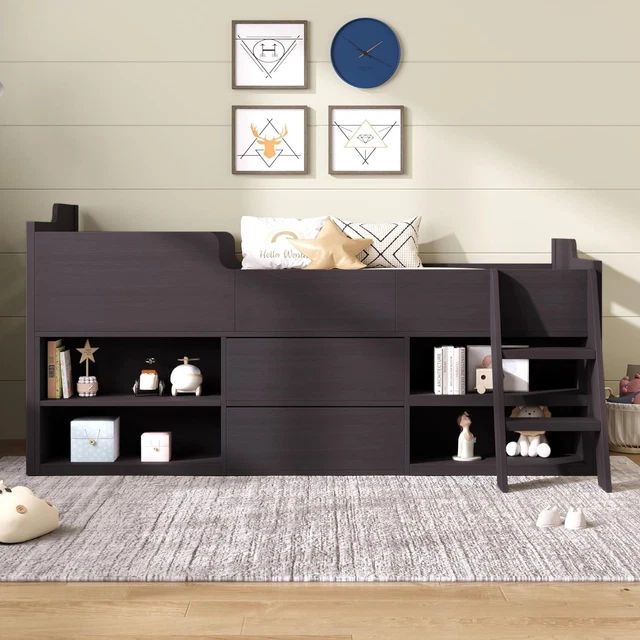 KIDS SINGLE BED with Storage Drawers & Shelves, Space Saving 3FT Frame ...