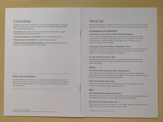 VIRGIN ATLANTIC UPPER Class Menu - October 2022 - London Heathrow to ...