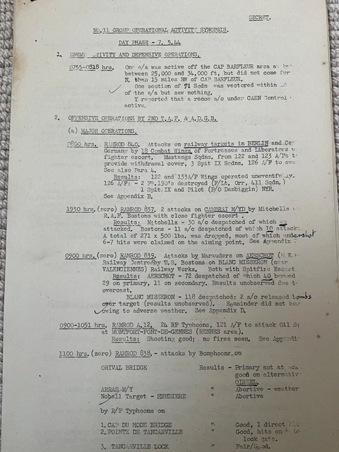 ORIGINAL WW2 RAF combat report 11 group fighter command 1944 typhoons ...