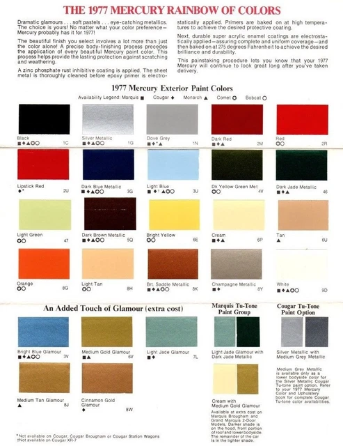 1977 MERCURY COLOR Chip Chart Sample - Brochure: COUGAR, Marquis, £3.18 ...