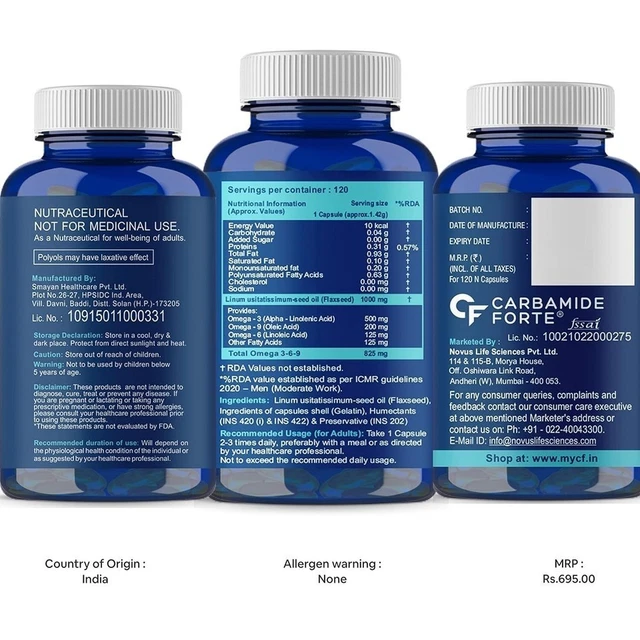 CARBAMIDE FORTE COLD Pressed Flaxseed Oil Omega 3, 6 & 9 Capsules - 120 ...