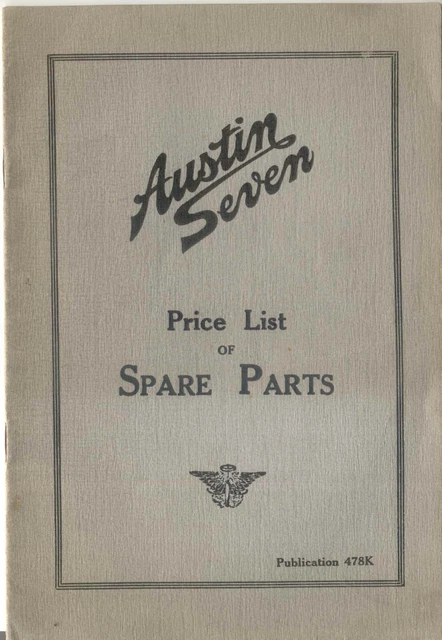 AUSTIN SEVEN 7 original Price List of Spare Parts 1927? No. 478L ...