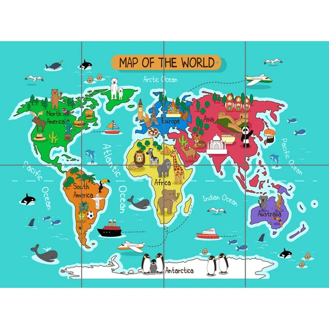 WORLD MAP WITH Landmarks And Animals XL Giant Panel Poster (8 Sections ...