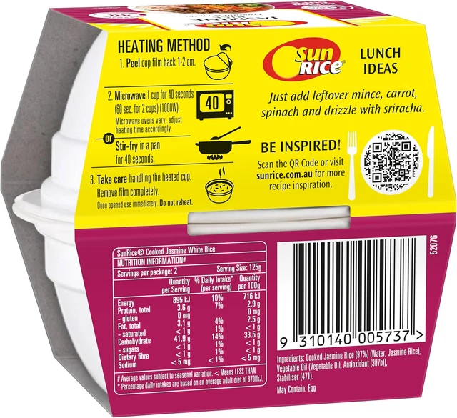 SUNRICE MICROWAVE JASMINE Rice Cups 6X 2X125G $27.93 - PicClick AU