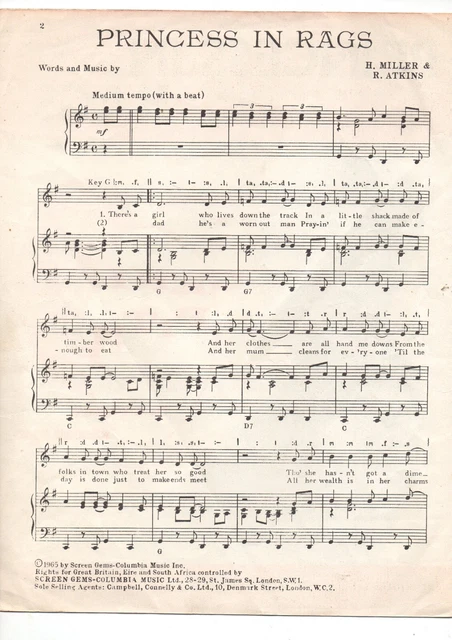 GENE PITNEY PRINCESS In Rags 1965 Sheet Music PVG £2.99 - PicClick UK