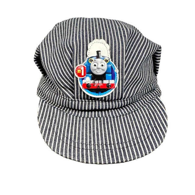 THOMAS THE TRAIN Cartoon Conductor Hat Kids Blue & White Stripe Elastic ...