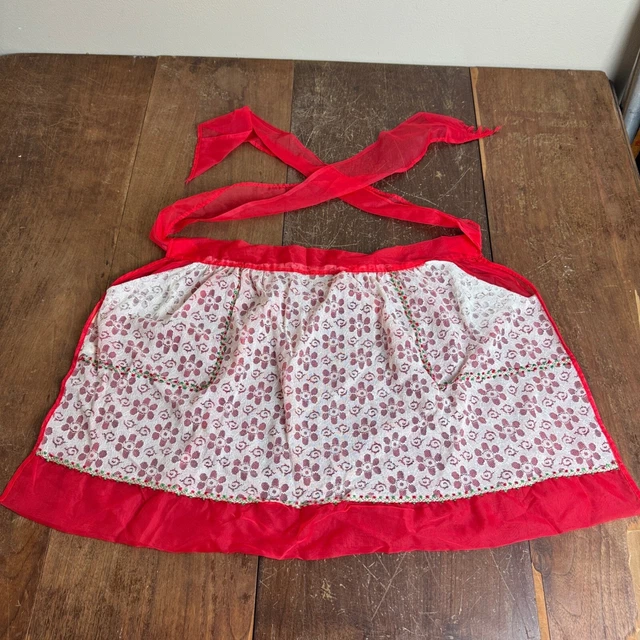 VINTAGE SHEER RED White Floral Lace Half Apron Kitchen House Chores £17 ...