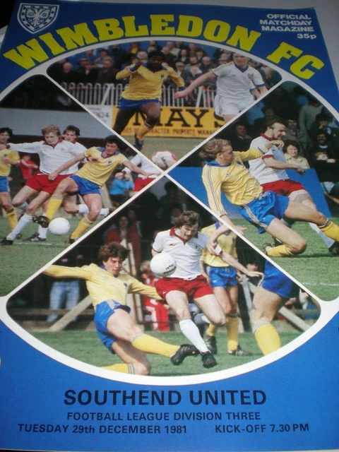 WIMBLEDON V SOUTHEND UNITED, 29th DEC 1981, MINT CONDITION, NO WRITING ...