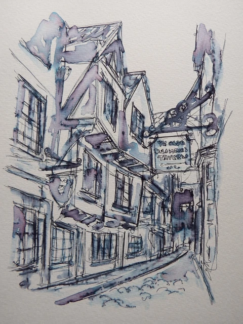 ORIGINAL PEN & ink wash drawing sketch street scene The Shambles, York ...