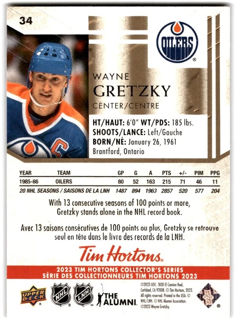 2022-23 TIM HORTONS Legends Wayne Gretzky #34 Edmonton Oilers $3.45 ...