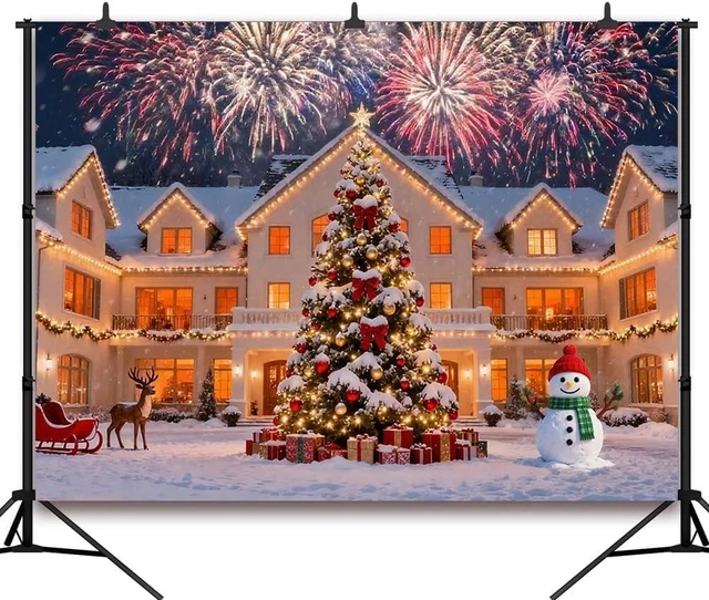 7X5 FT CHRISTMAS Backdrop with Shining House, Christmas Trees and ...