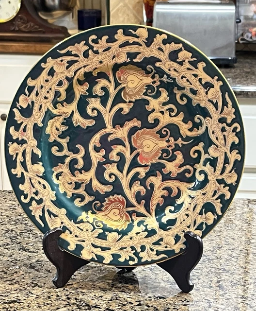 VINTAGE CHINESE CLOISONNÉ Enamel Plate Green Gold Gilt Decorative ...