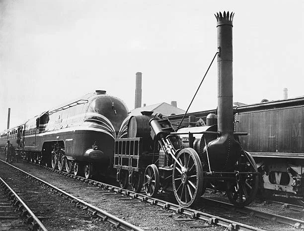 REPLICA OF GEORGE Stephenson's 1830 Rocket steam locomotive stands- Old ...