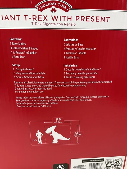 GIANT T-REX WITH Present Holiday Time Gemmy Airblown Christmas Dino 7.8 ...