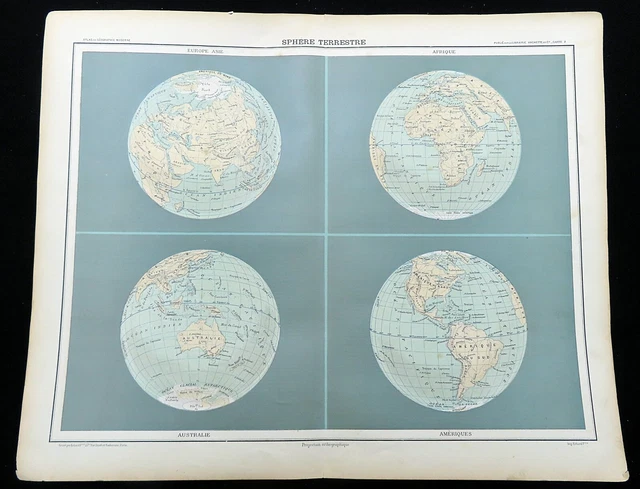 ANTIQUE MAP OF The World Globe Sphere Continents Hemisphere Chart ...
