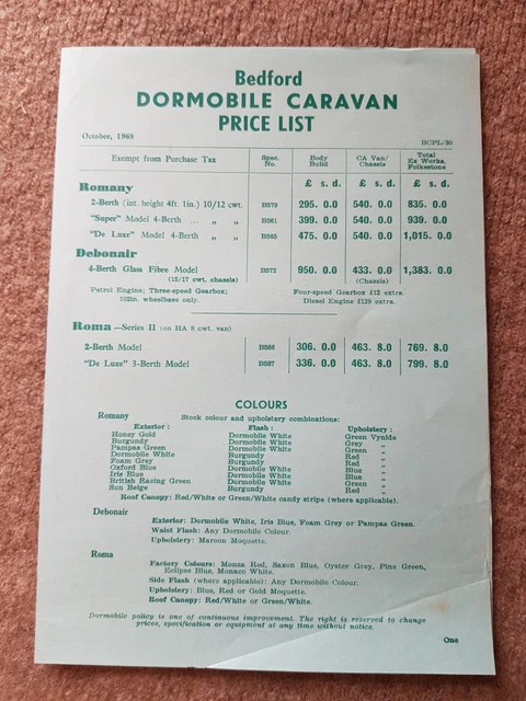BEDFORD DORMOBILE CARAVAN price list, Brochure 1968 £2.99 - PicClick UK